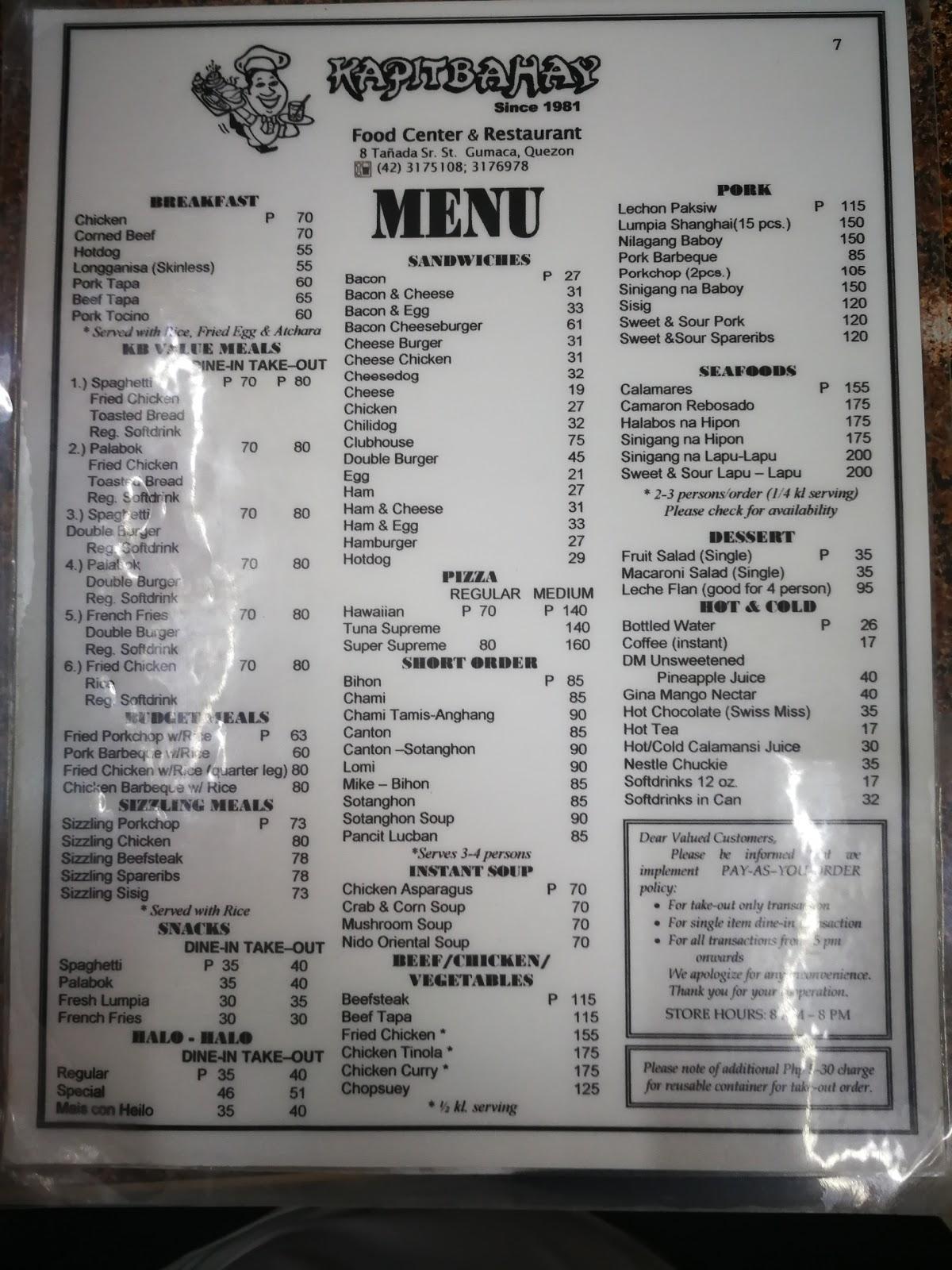 Carta de Kapit Bahay Restaurant, Gumaca
