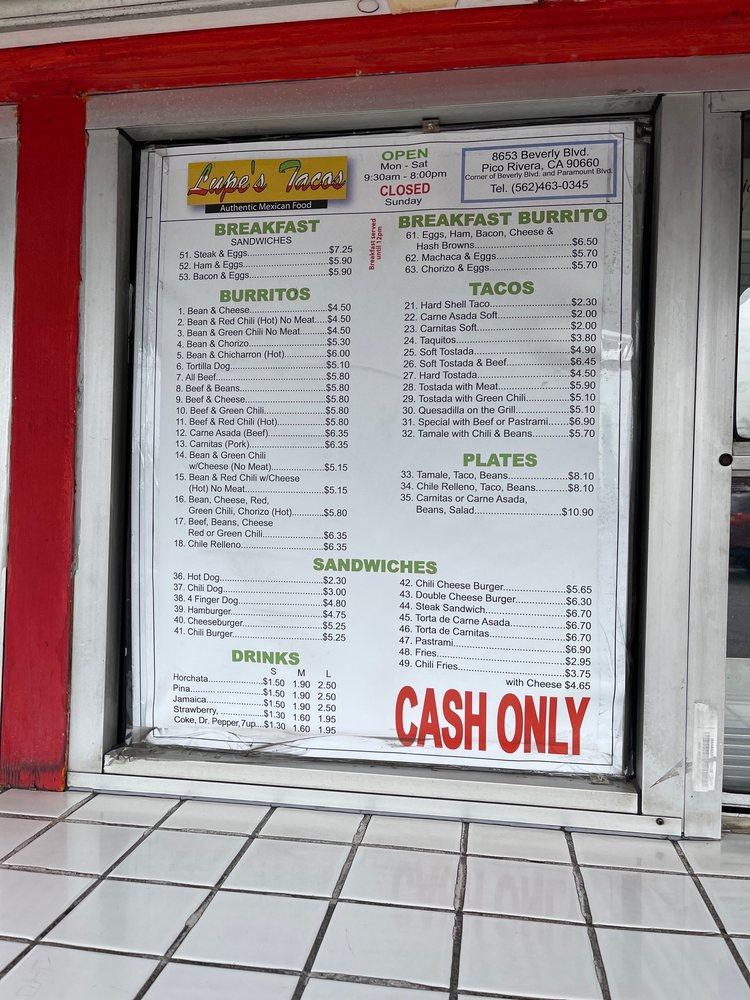 Menu at Lupe's Restaurant, Pico Rivera