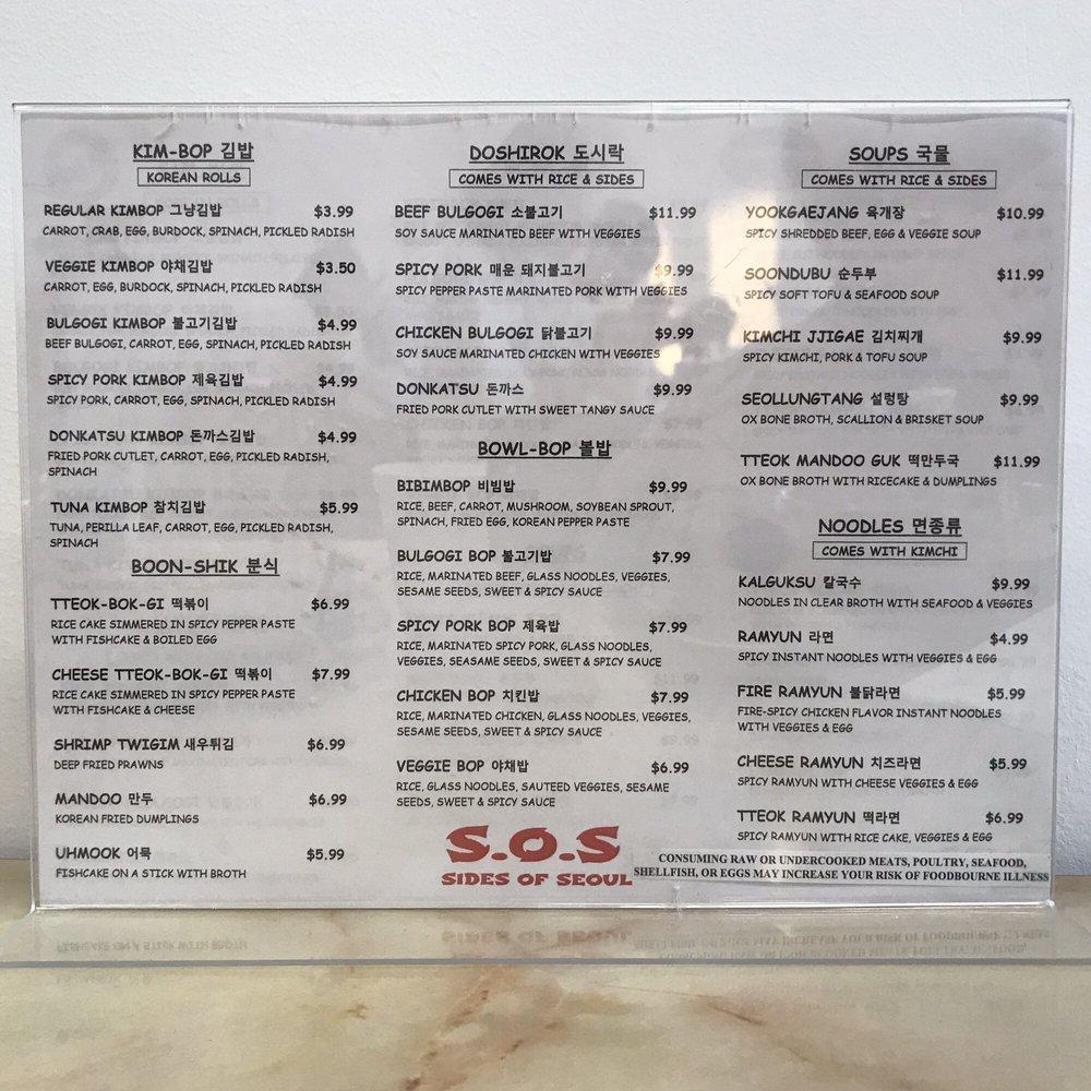 Menu at Sides of Seoul (SOS) Korean Take-Out restaurant, St. Louis