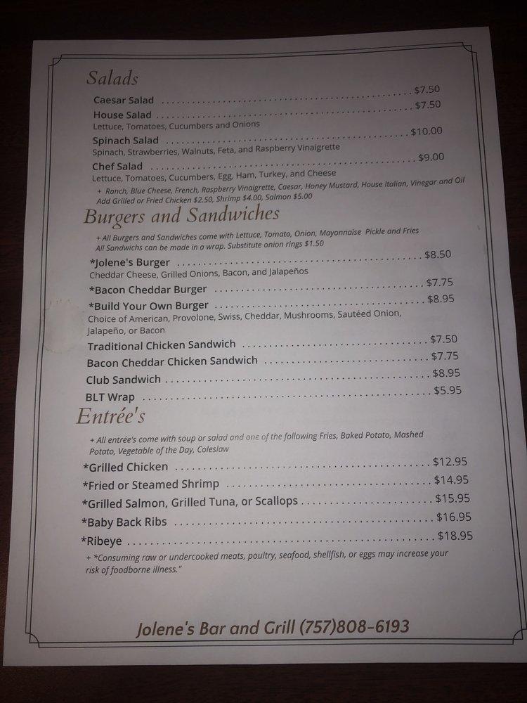 Menu at Jolene’s Bar & Grill, Williamsburg