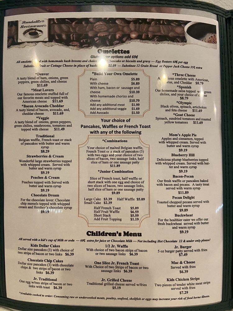 Menu at Randall's Restaurant, Cottonwood