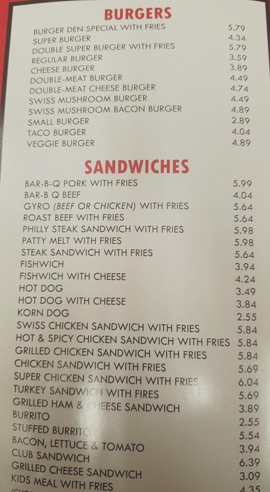 Menu at The Burger Den restaurant, Middleton