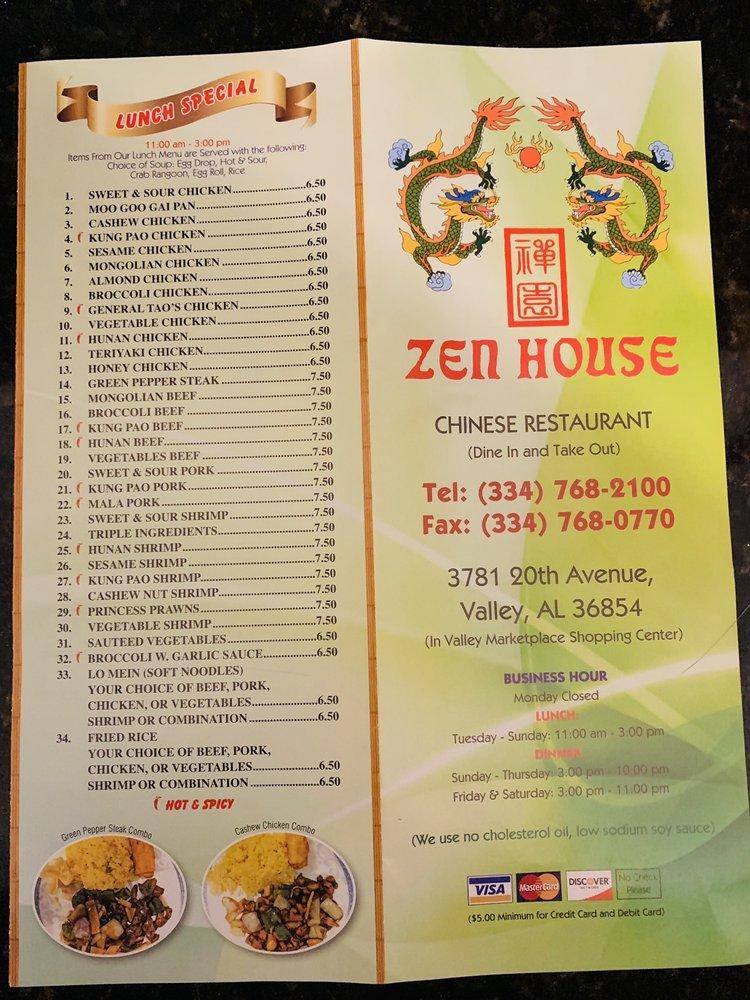 Menu at Zen House Chinese Restaurant, Valley