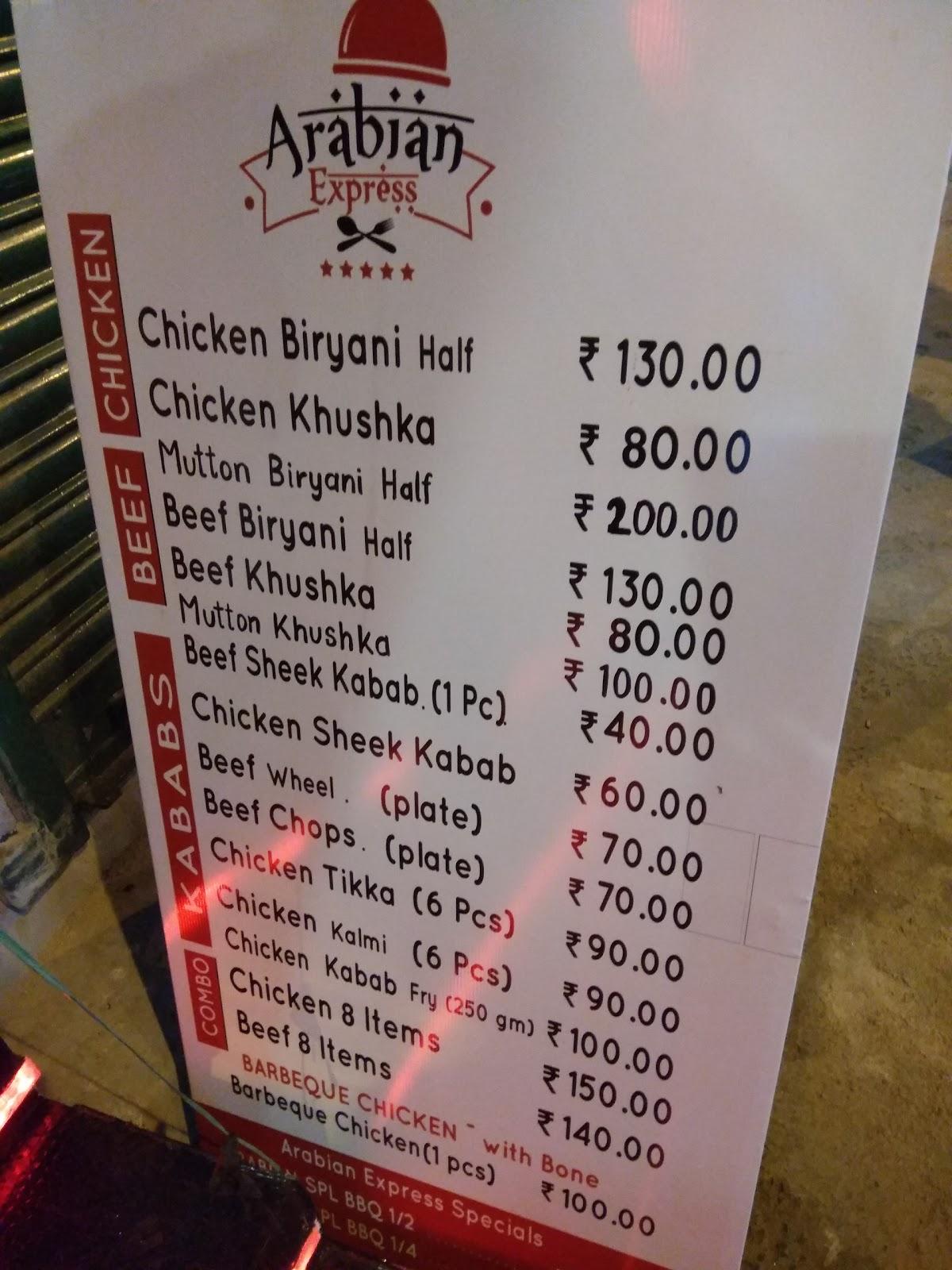 Menu at Arabian Express Garden, Chennai, behind MATHEW HARMENT