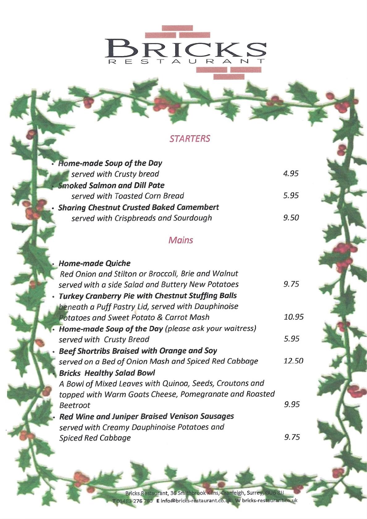Menu at Bricks Coffee Shop cafe, Cranleigh, Smithbrook Kilns