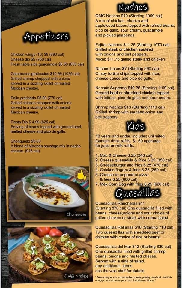 Menu at Casa Azteca restaurant, Angola