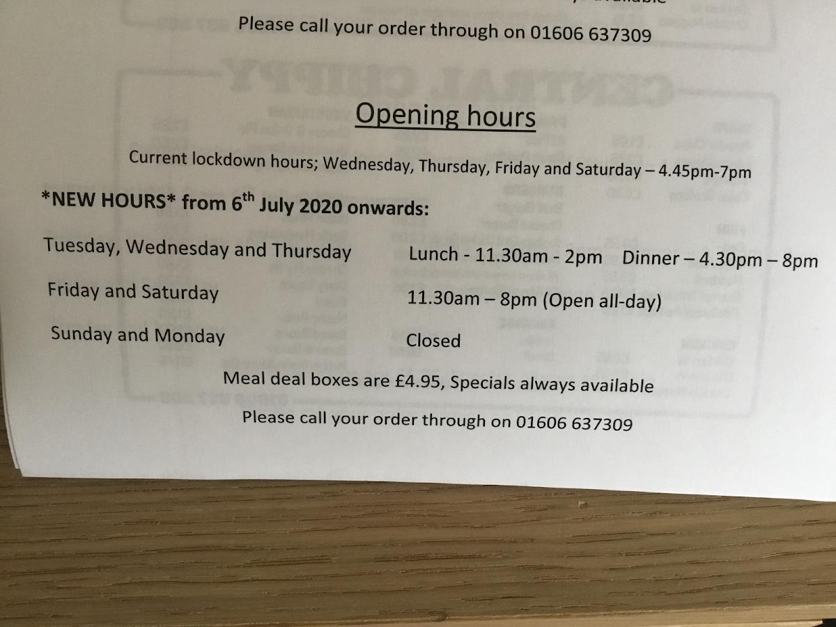 Menu at Central Chippy restaurant, Northwich