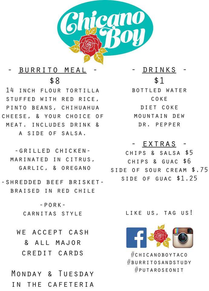 Menu at Chicano Boy Taco restaurant, Staunton