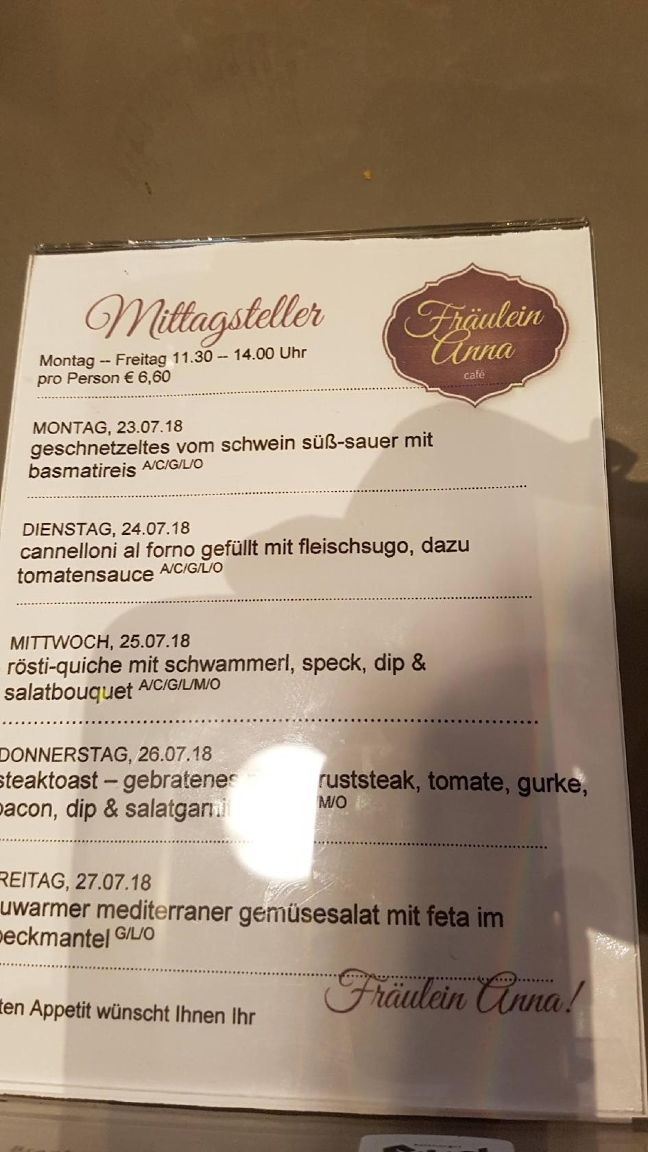 Speisekarte von Fräulein Anna cafe, Salzburg