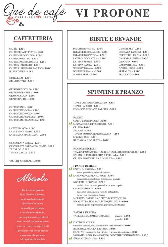 Menu at Què de cafè pub & bar, Albissola Marina