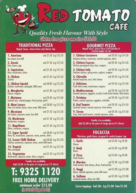 Menu at Red Tomato Cafe, Yarraville