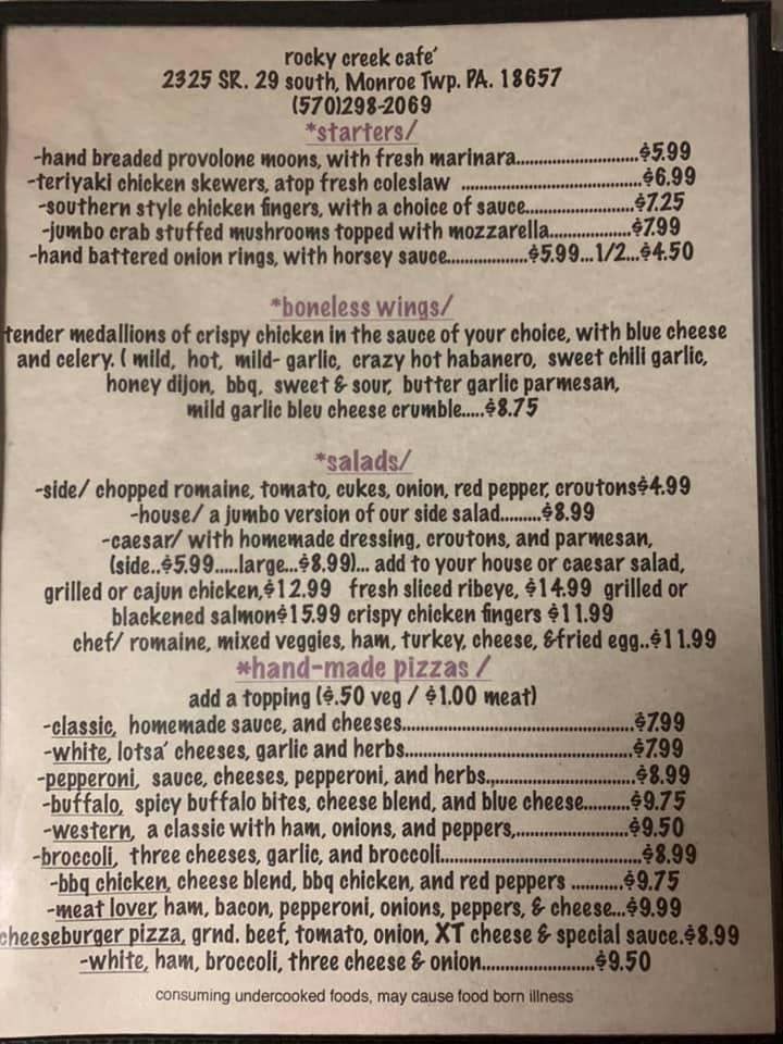 Menu at Rocky Creek Cafe, Noxen