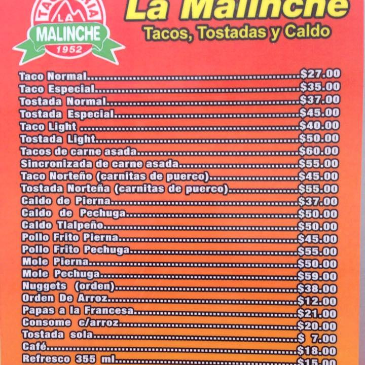Carta del restaurante Taquería La Malinche Gómez Palacio, Gómez Palacio