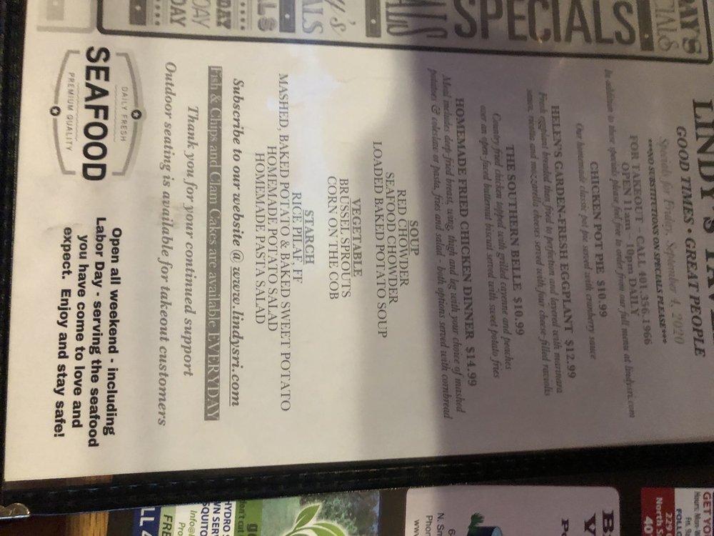 Menu at Lindy's Tavern pub & bar, North Smithfield