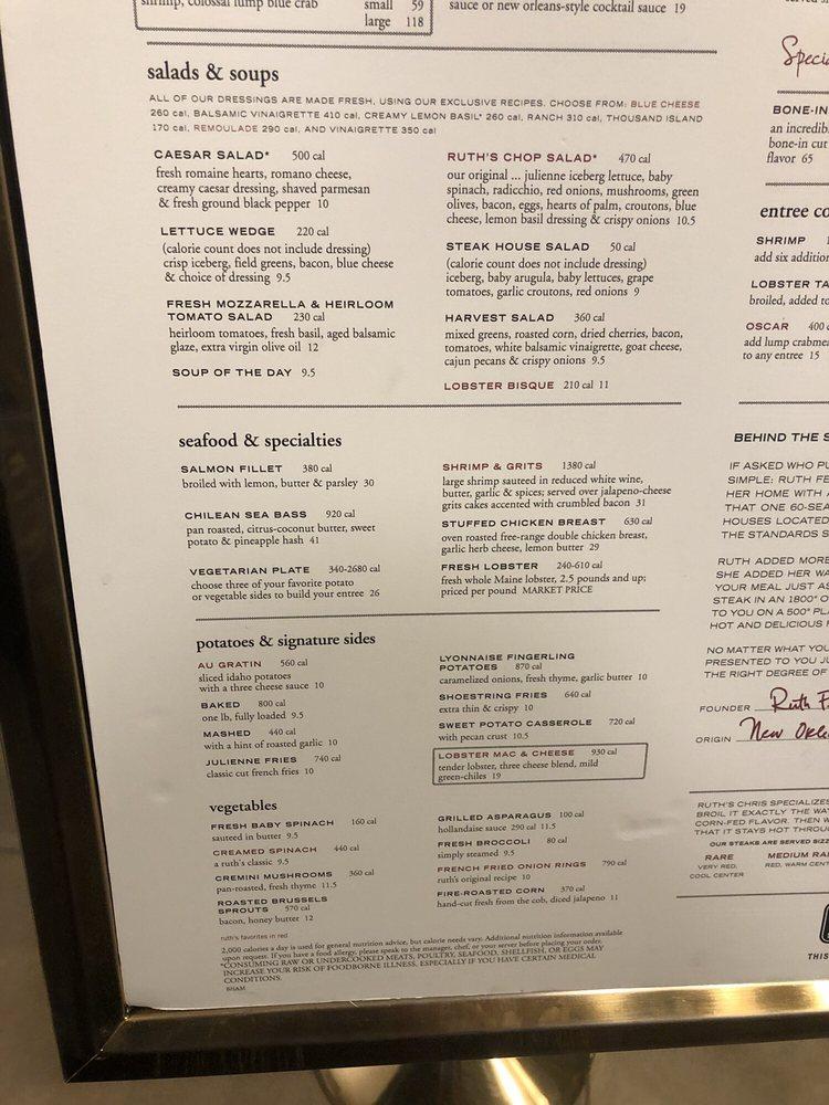 Menu at Ruth's Chris Steak House steakhouse, Birmingham