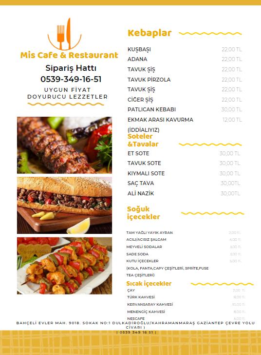 Menu at mis cafe restaurant, Kahramanmaras