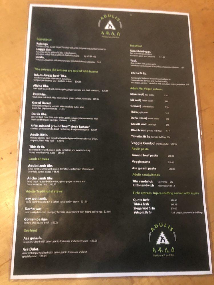 Menu at Adulis Eritrean and Ethiopian Restaurant, Seattle
