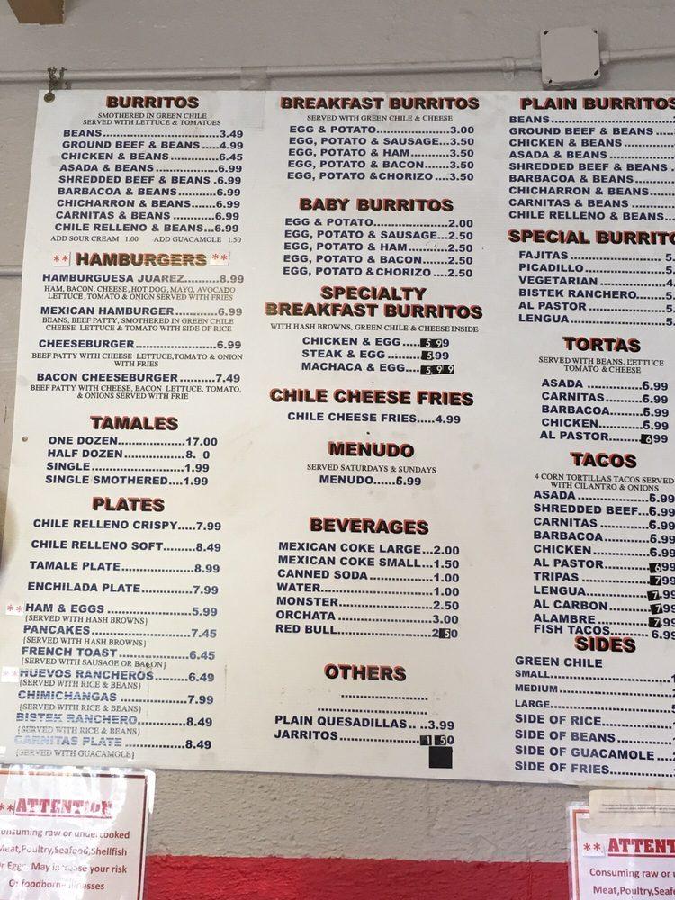 Menu at Alameda Burrito restaurant, Lakewood, W Mississippi Ave