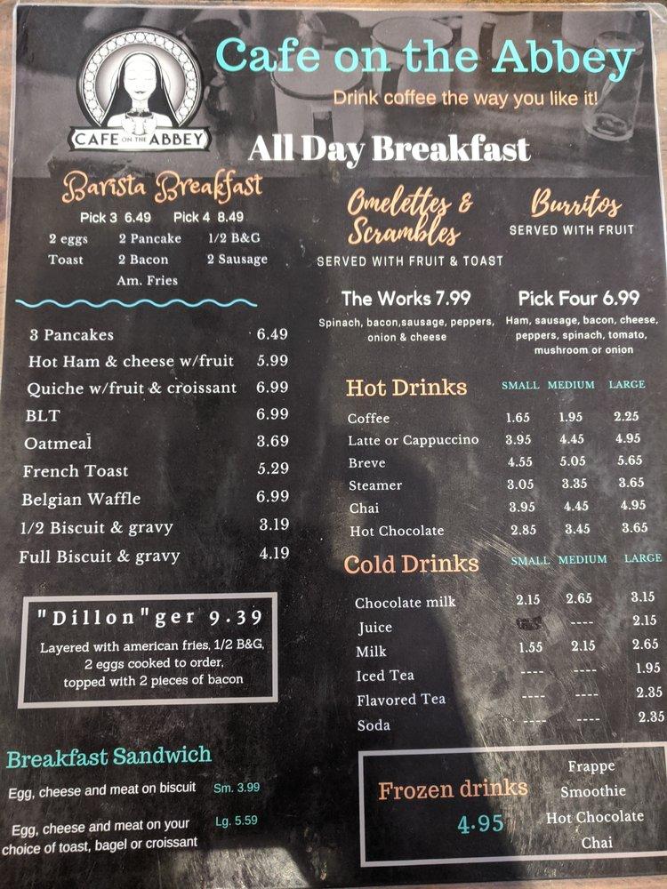 Menu at Café on the Abbey cafe, Columbia