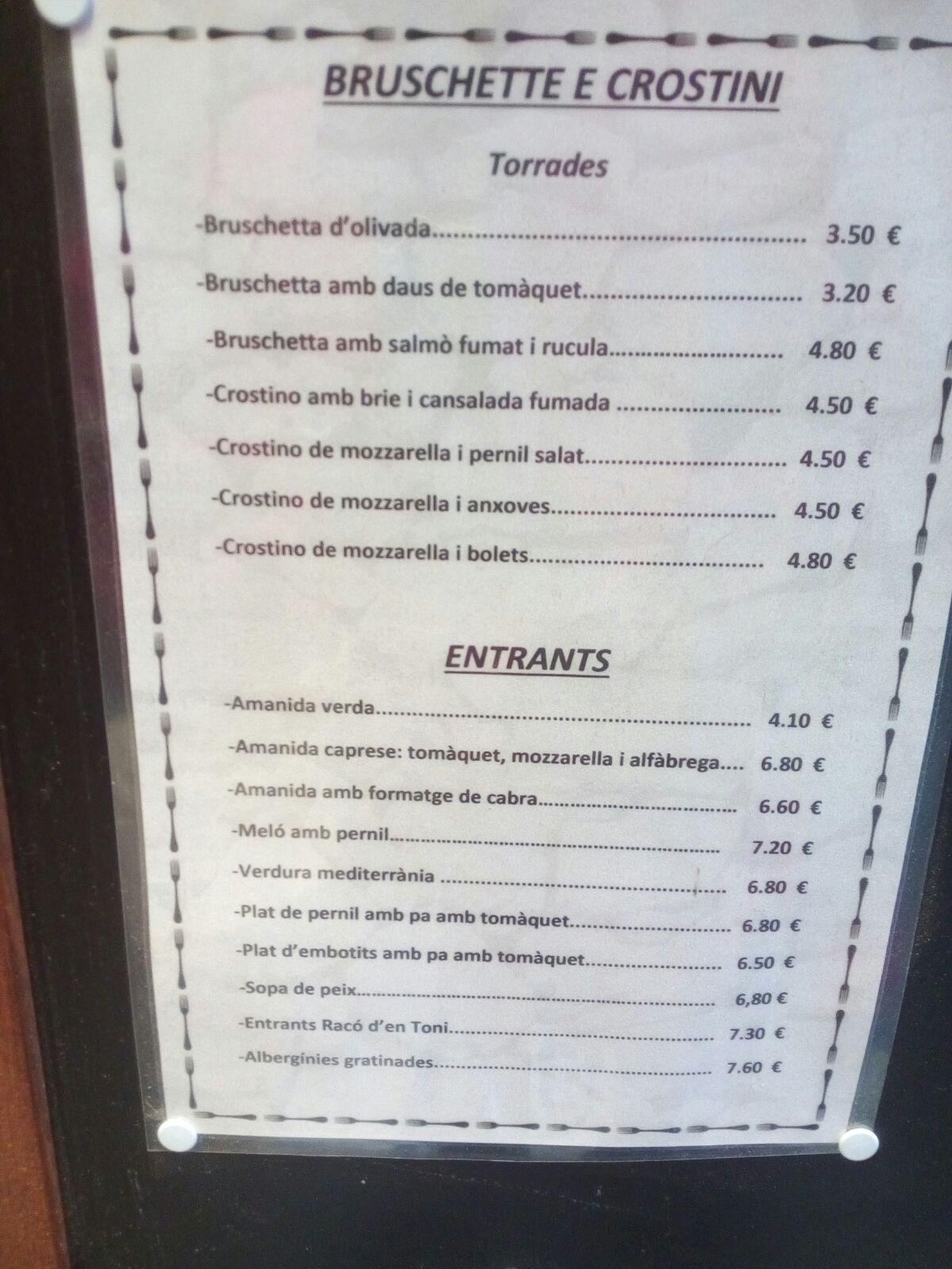 Carta del restaurante El Racó d'en Toni, Camprodon, Carrer València