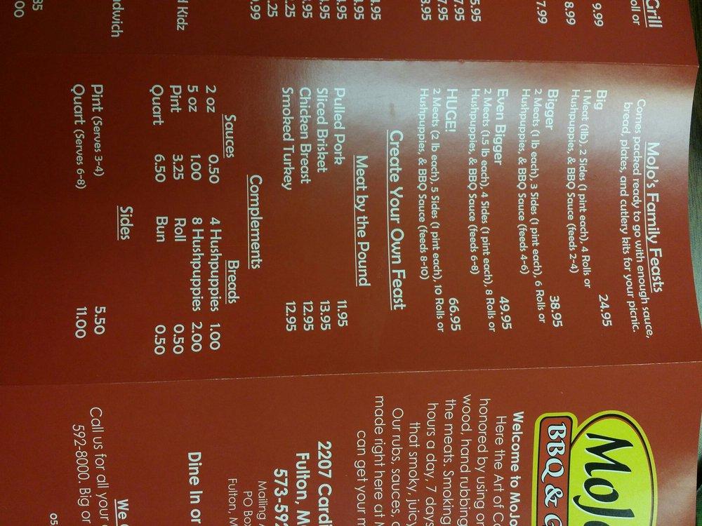 Menu at MoJo's BBQ & Grill, Fulton