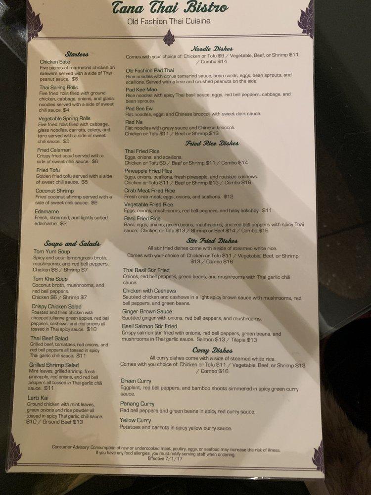 Menu at Tana Thai Bistro restaurant, Oklahoma City