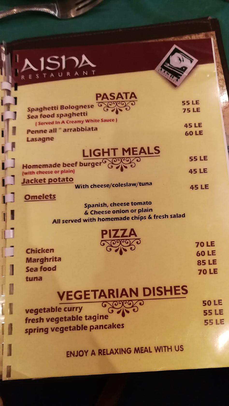 Speisekarte von Aisha restaurant Luxor, Luxor