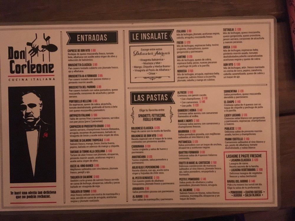 Carta de pizzería Don corleone cucina italiana, Cancún