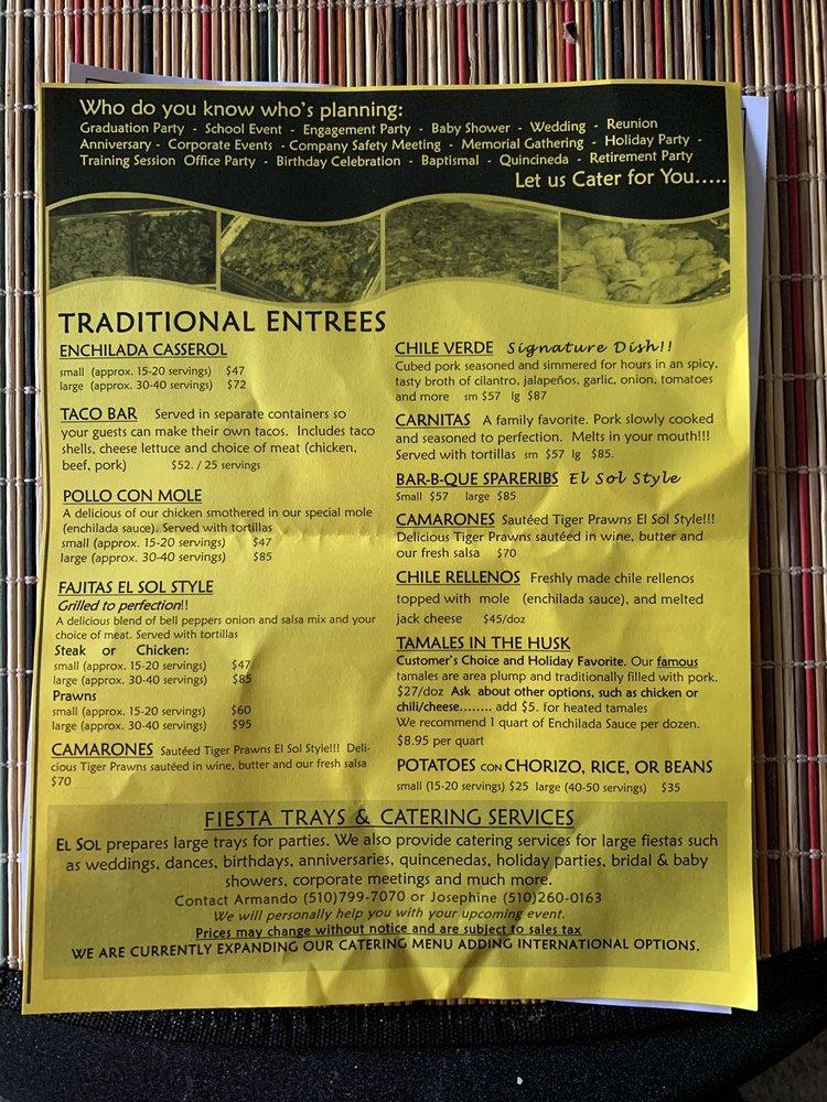 Menu at El Sol Restaurant & Catering, Rodeo