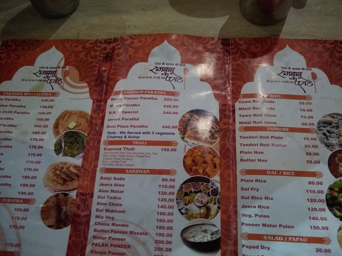 Menu at Ram Babu Ke Parathe, Vrindavan, near vaishno devi mandir chatikra