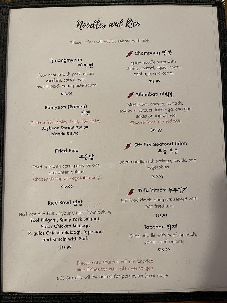 Menu at Seoul Korean Kitchen restaurant, Evans