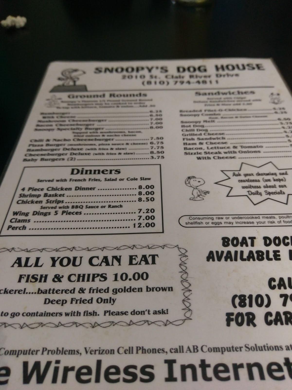 Menu at Snoopy's Dog House pub & bar, Algonac