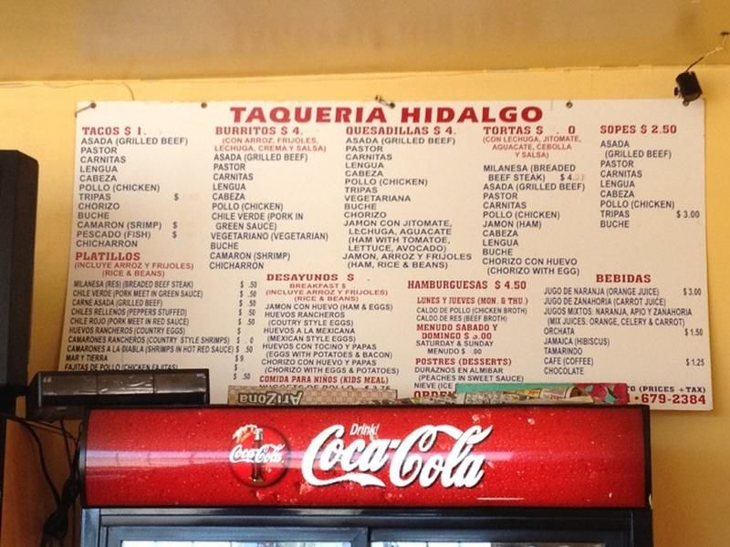 Menu at Taqueria Hidalgo restaurant, Chualar