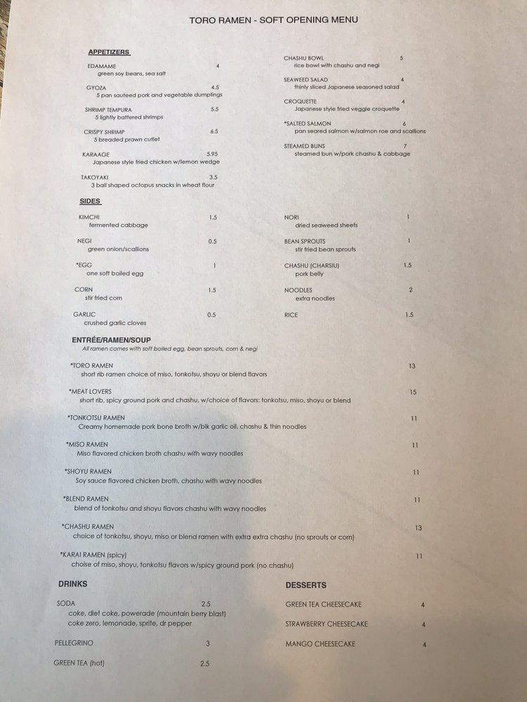 Menu at Toro Ramen restaurant, Midvale
