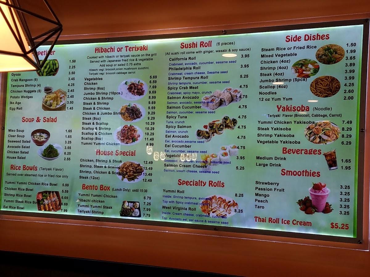 Menu at Yummi Japan restaurant, Beckley
