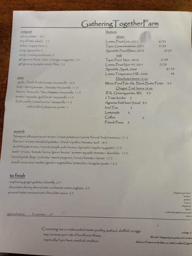 Menu at Gathering Together Farm restaurant, Philomath