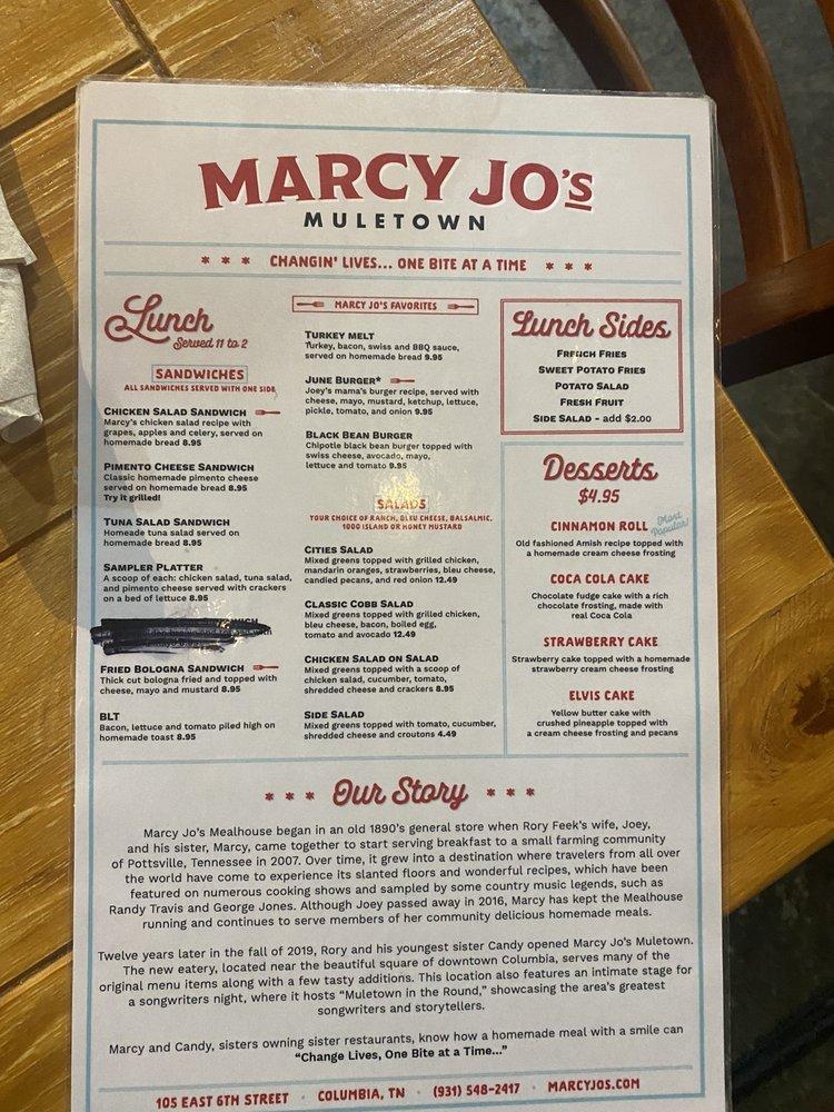 Menu at Marcy Jo's Muletown restaurant, Columbia