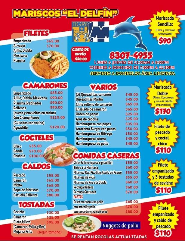Menu at Mariscos El Delfin restaurant, Monterrey