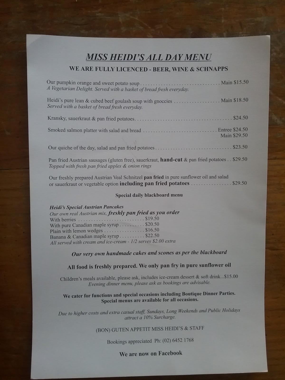 Menu at Miss Heidi's Tea House restaurant, Cooma
