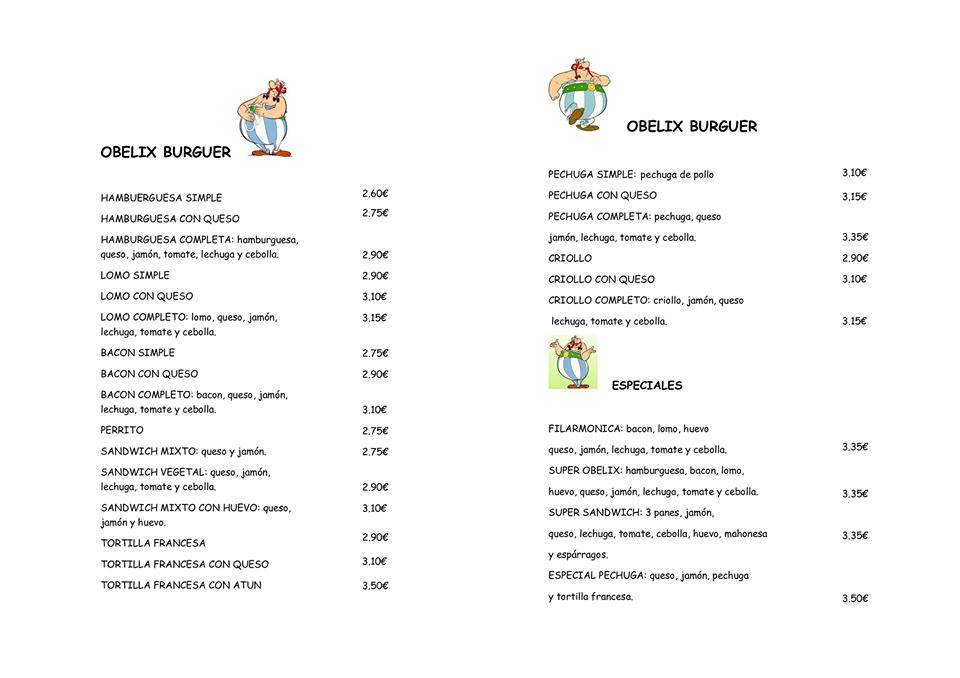 Carta del restaurante Obelix, Cangas