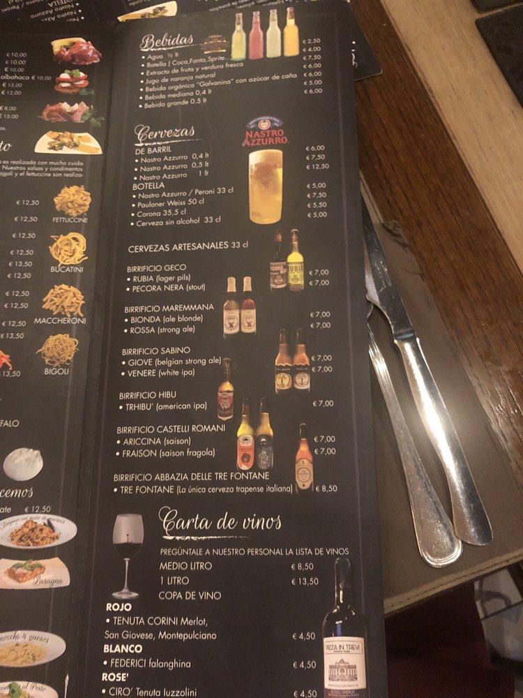 Menu at Pizza in Trevi pizzeria, Rome