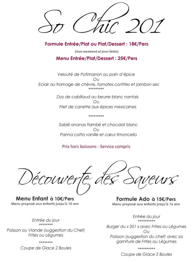 Menu au Restaurant Le 201, Saint-Hilaire-de-Riez