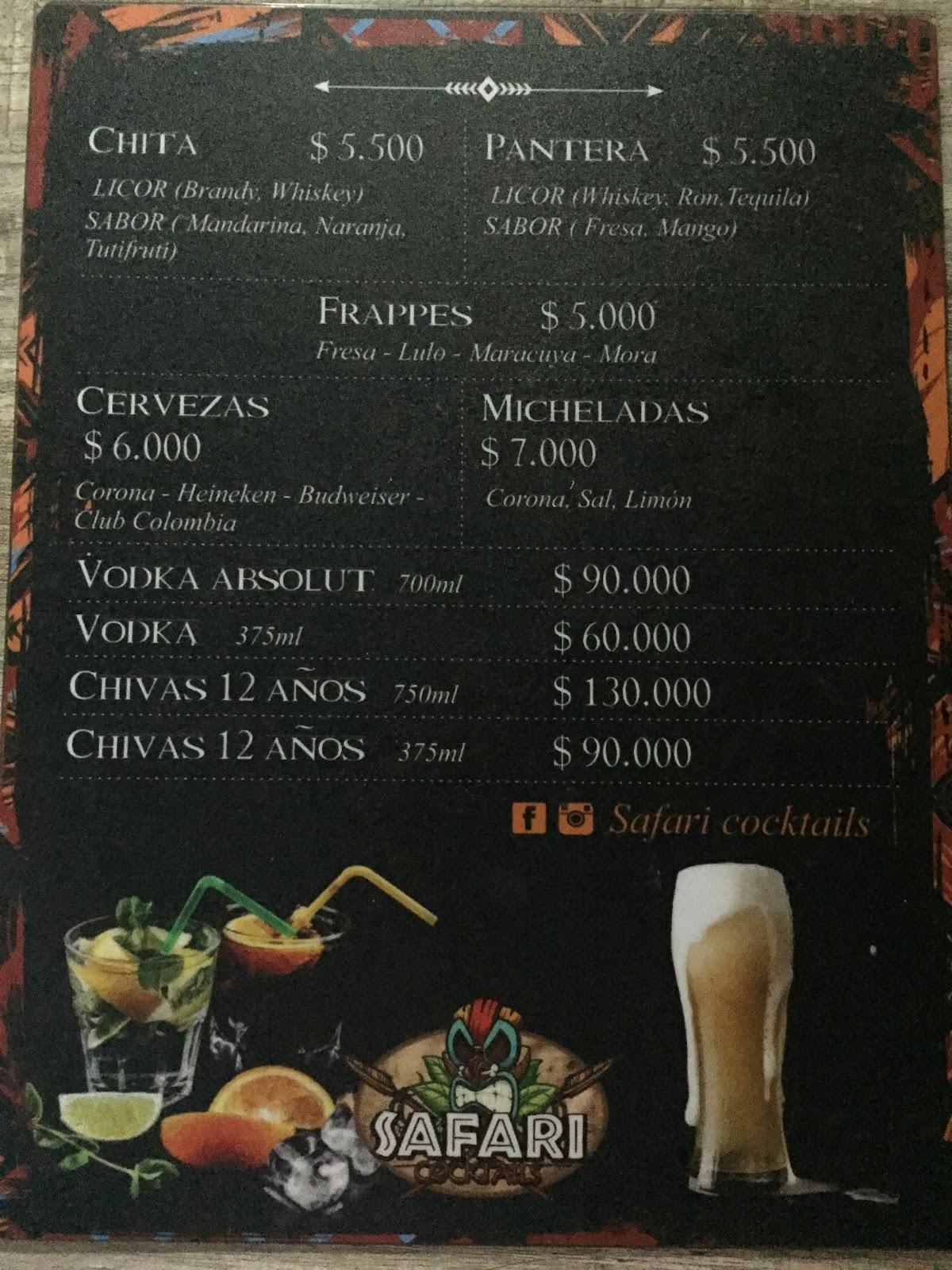 Menu at Safari Cocktails pub & bar, Cúcuta