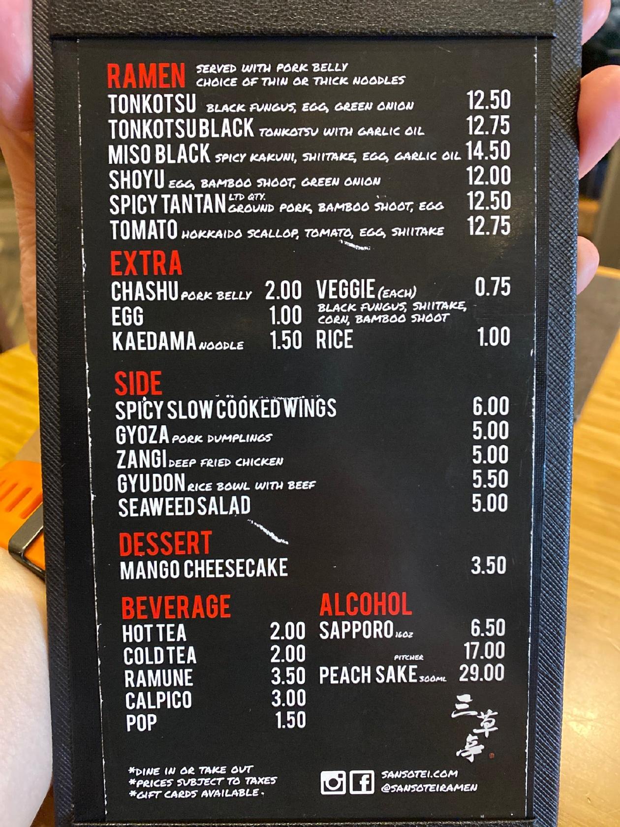 Menu at Sansotei Ramen restaurant, Richmond Hill