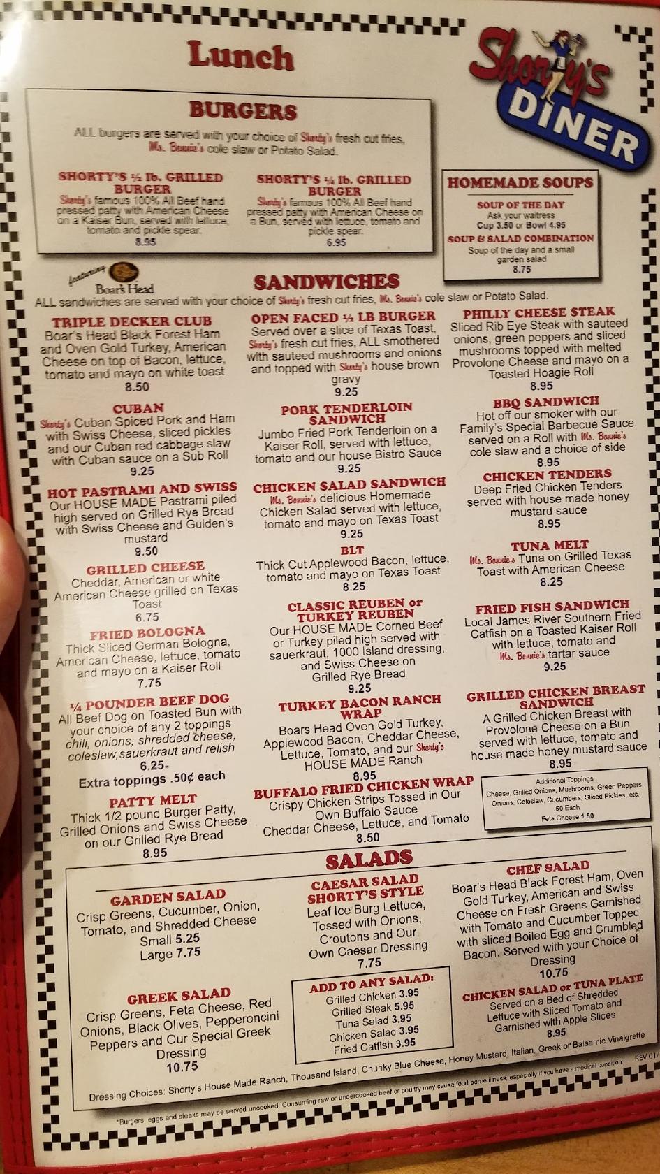 Menu at Shorty's Diner restaurant, Williamsburg
