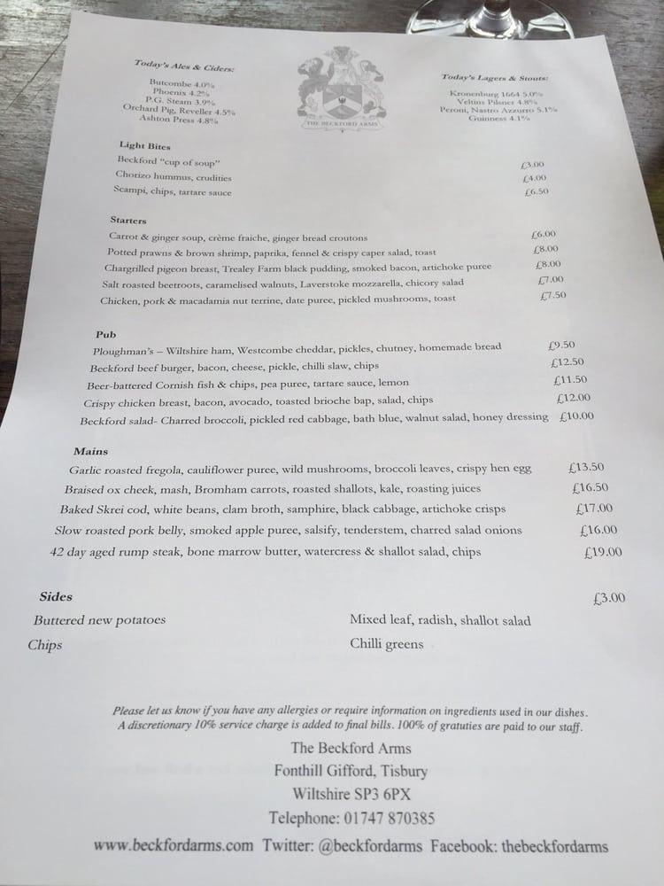 Menu at The Beckford Arms pub & bar, Tisbury