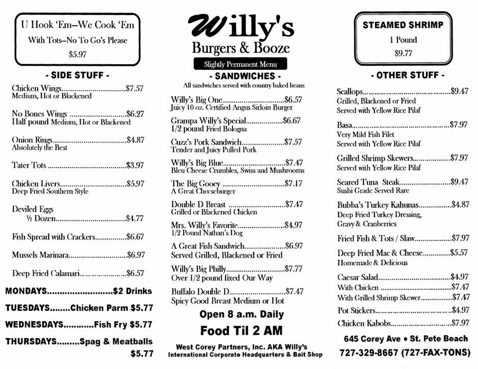 Menu at Willy's Burgers & Booze pub & bar, Saint Pete Beach