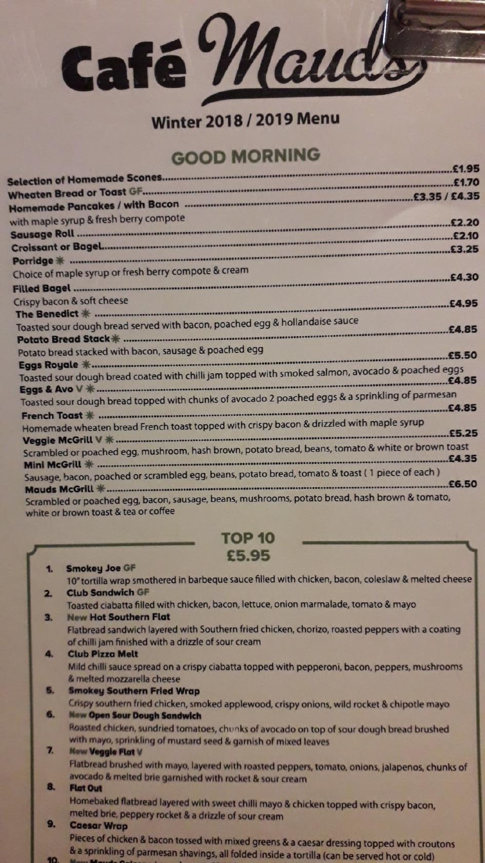 Menu at Cafe Mauds, Enniskillen