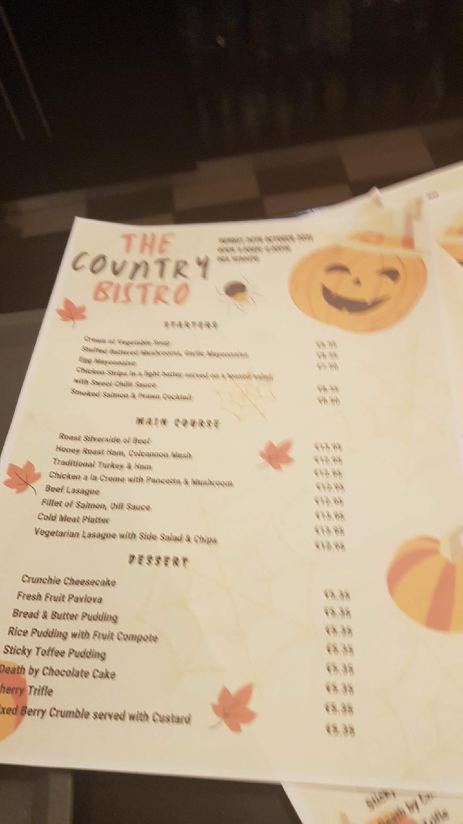 Menu at The Country Bistro restaurant, Taghmon
