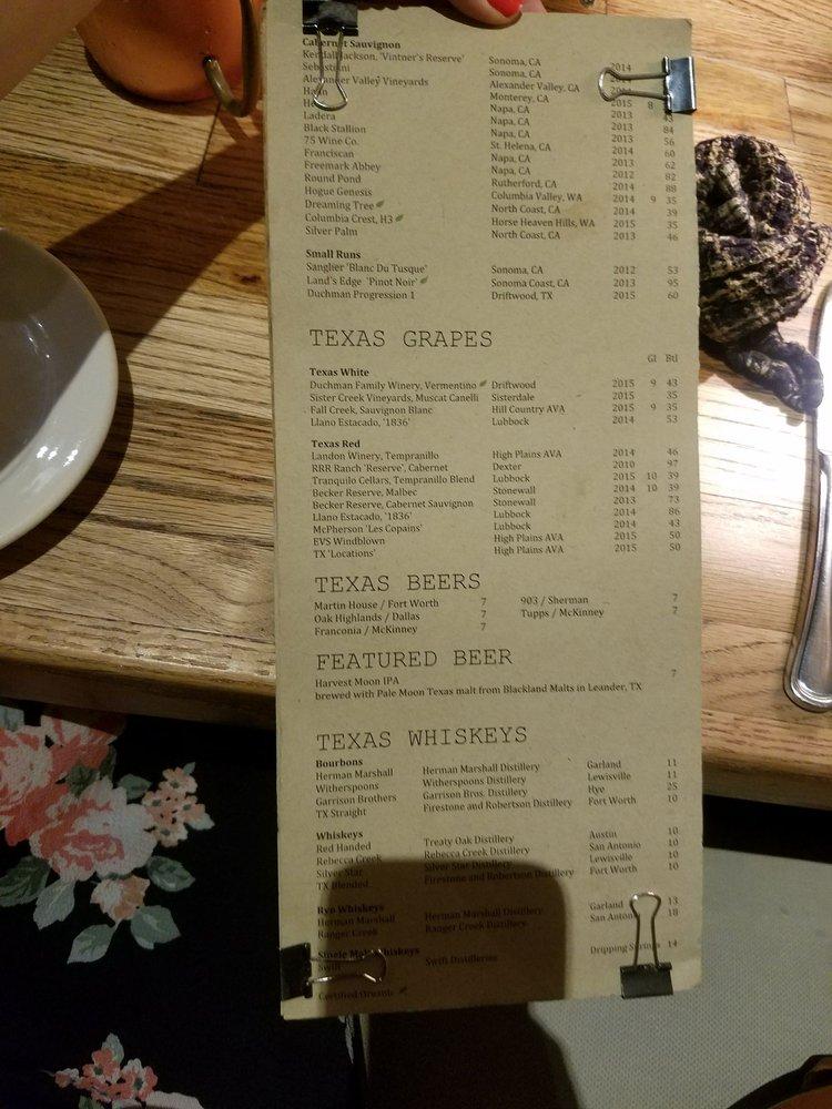 Menu at Harvest at the Masonic restaurant, McKinney
